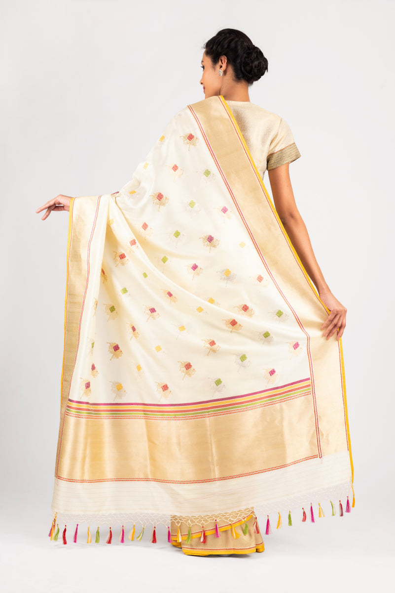 Banarasi Silk Pushkar Silver / Gold Design Ivory Saree – Vidhi Singhania